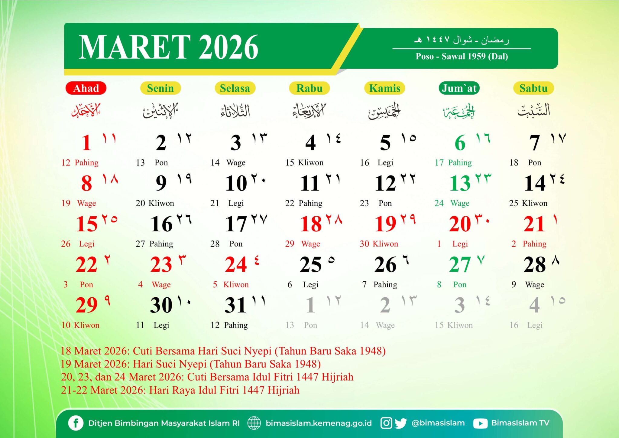 Kalender Jawa Bulan Maret 2026 Lengkap dengan Weton dan Tanggalan Islam