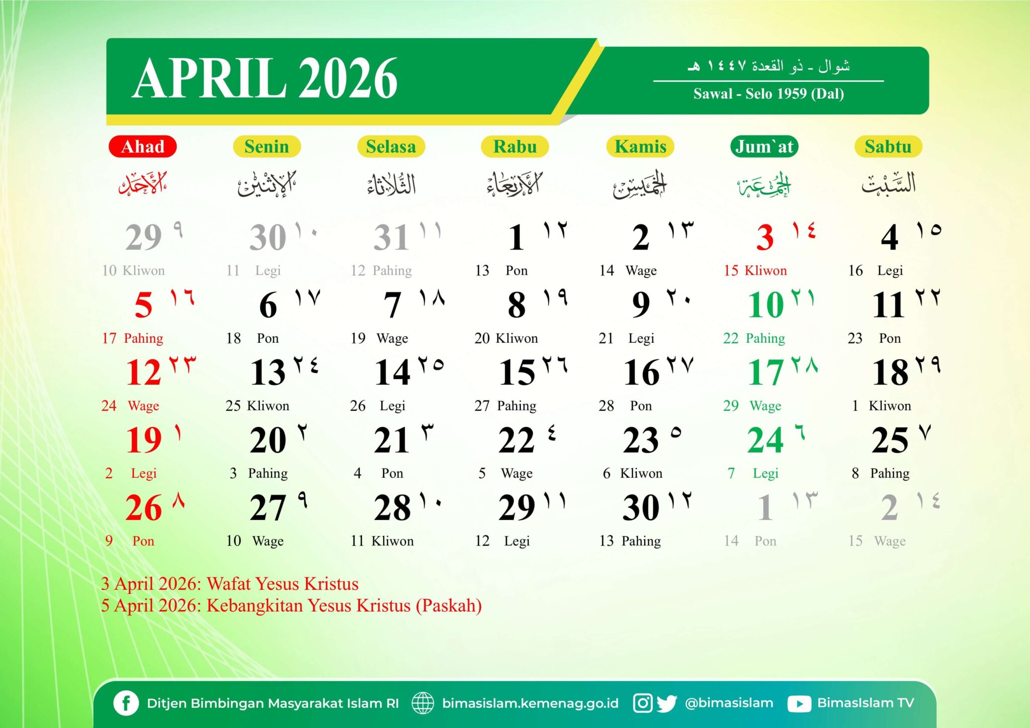 Kalender Jawa Bulan April 2026 Lengkap dengan Weton dan Tanggalan Islam