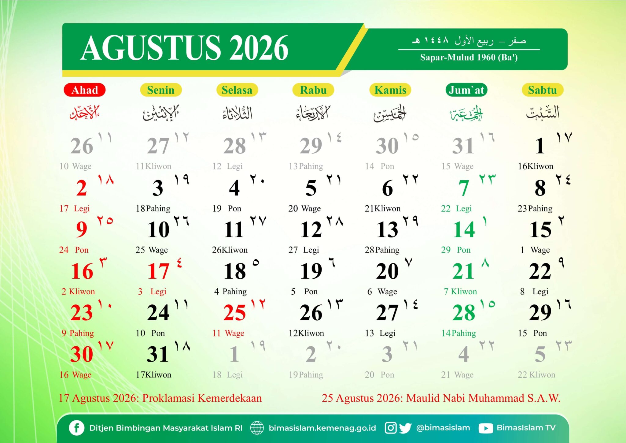 Kalender Jawa Bulan Agustus 2026 Lengkap dengan Weton dan Tanggalan Islam