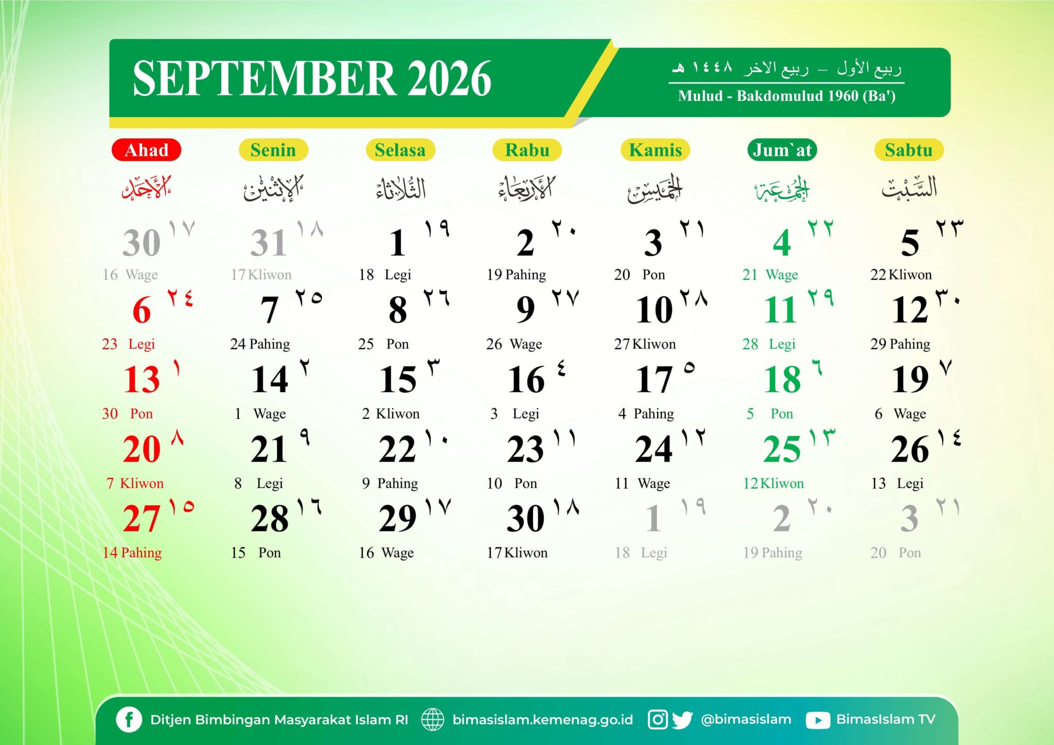 Kalender Jawa Bulan September 2026 Lengkap dengan Weton dan Tanggalan Islam