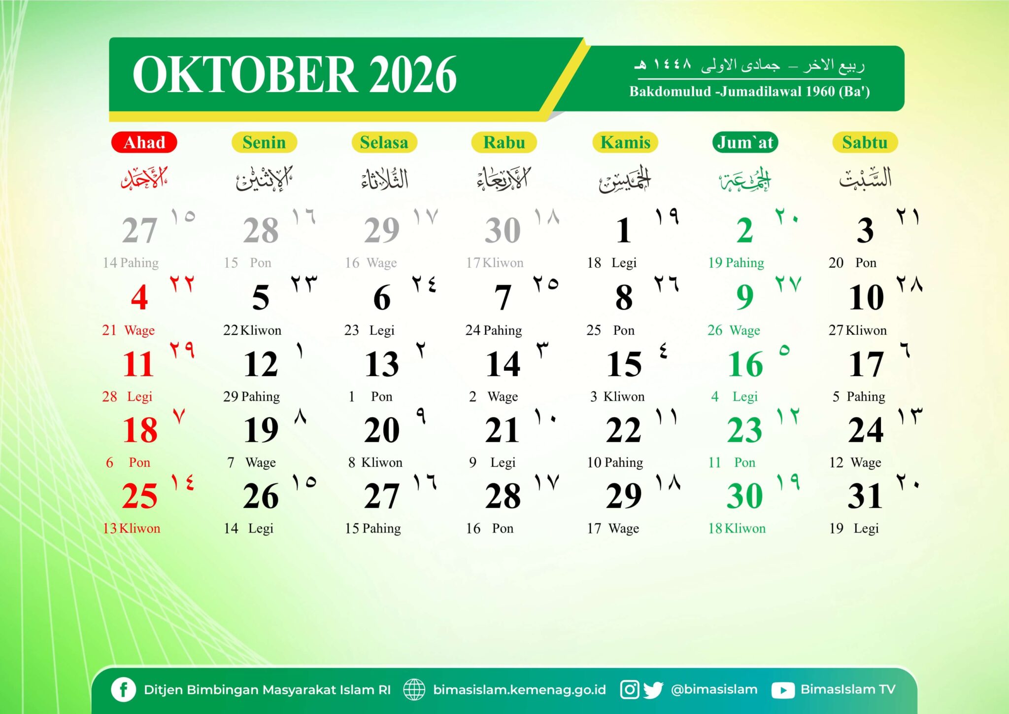 Kalender Jawa Bulan Oktober 2026 Lengkap dengan Weton dan Tanggalan Islam