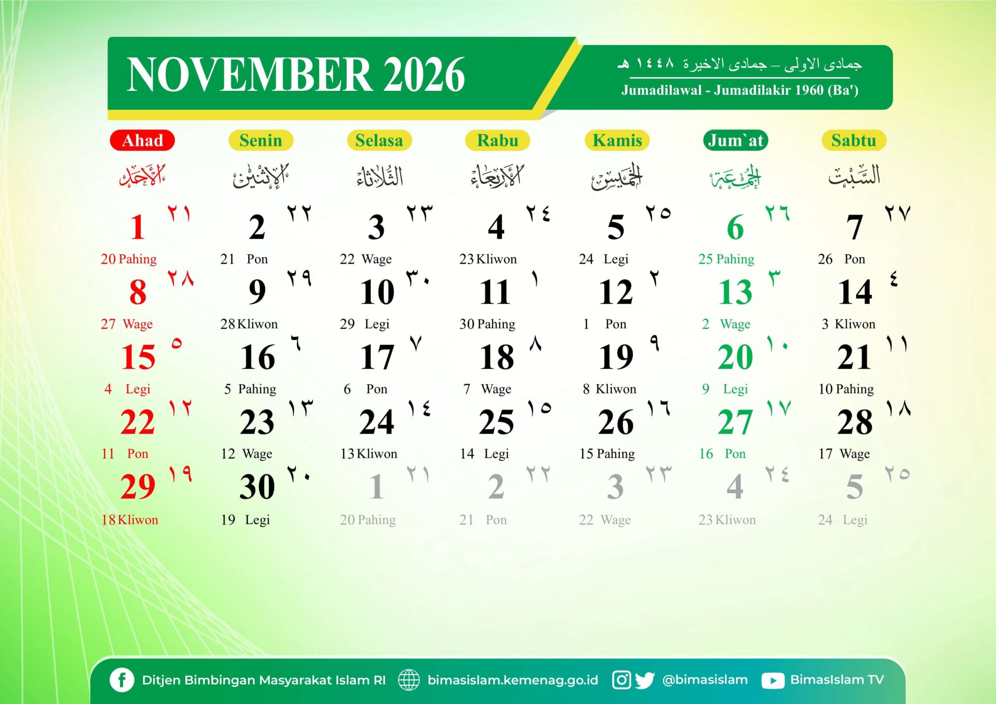 Kalender Jawa Bulan November 2026 Lengkap dengan Weton dan Tanggalan Islam