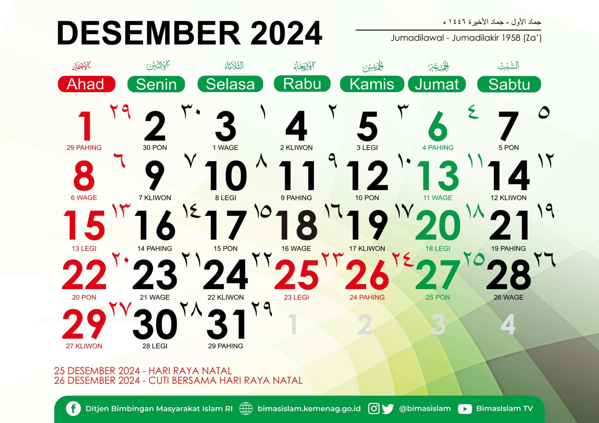 Kalender Jawa Bulan Desember 2024 Lengkap dengan Weton dan Tanggalan Islam