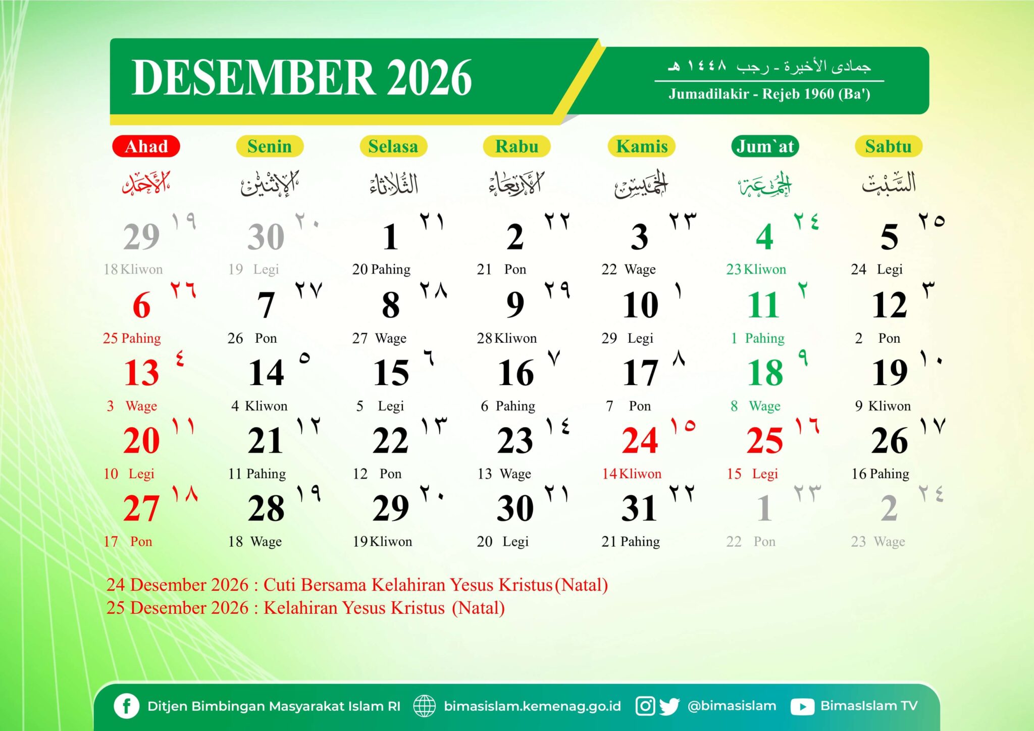 Kalender Jawa Bulan Desember 2026 Lengkap dengan Weton dan Tanggalan Islam